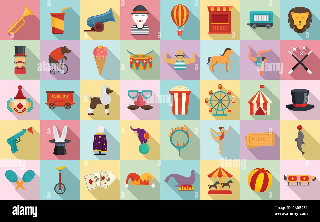 Circus icons set. Flat set of circus vector icons for web design Stock ...