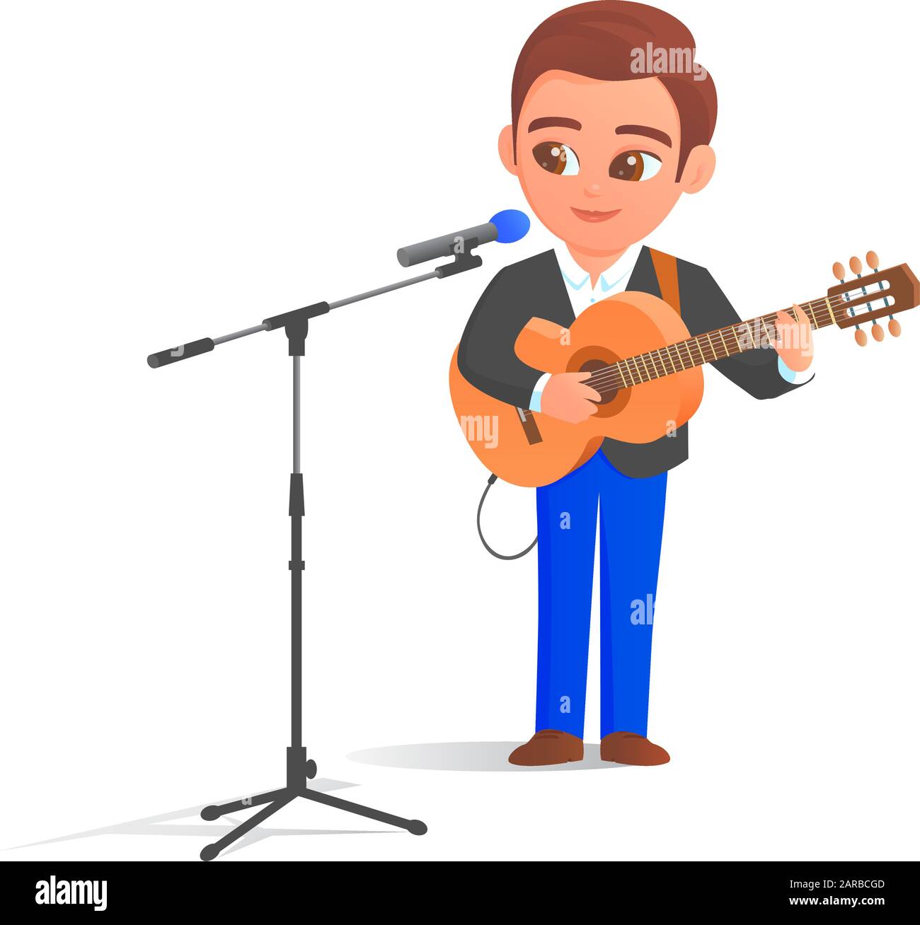 Young elegant male musician is standing with an acoustic guitar and ...