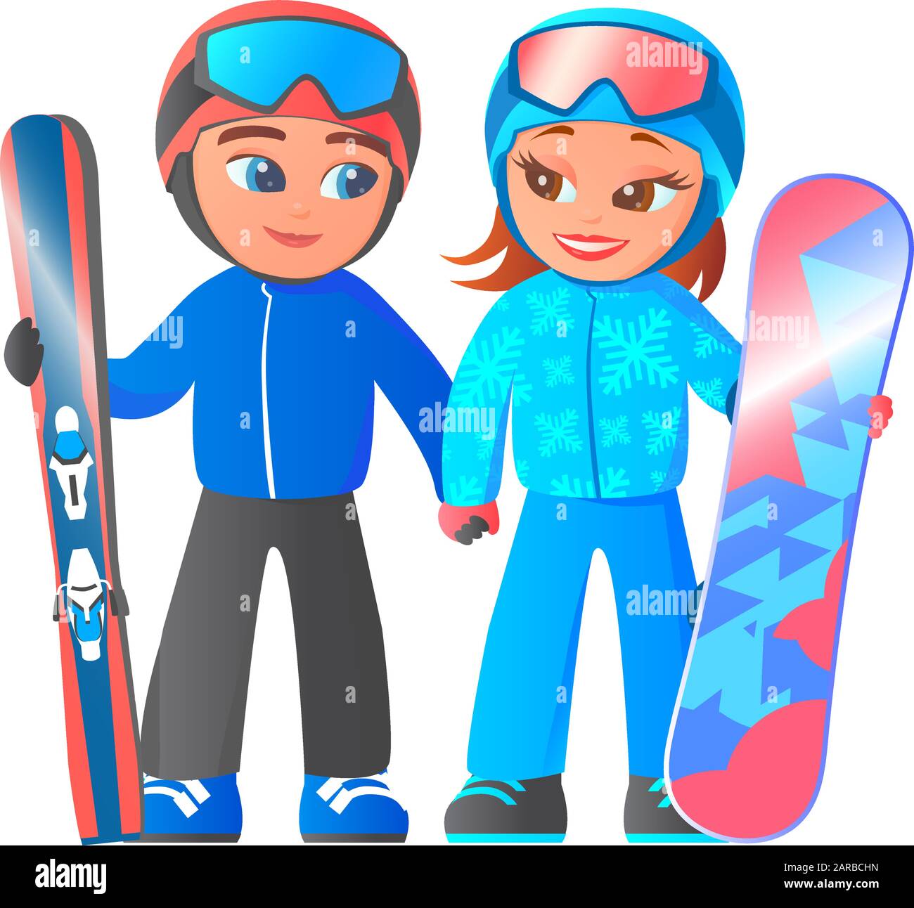 Two cartoon happy skiers. A boy stands with skis and sticks. Girl with ...