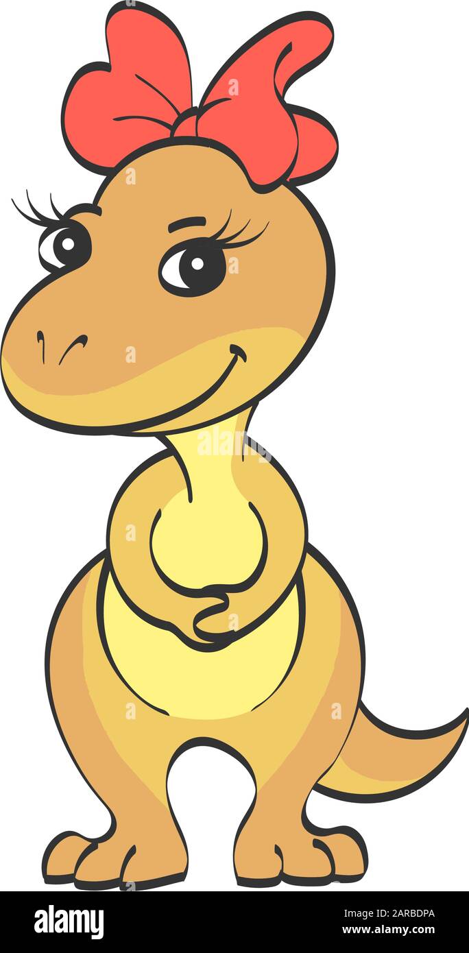 Little beige cute dinosaur girl with a red bow on her head. Figure on a ...