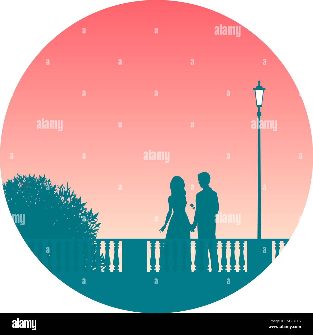 Silhouettes of a couple in love, street lamp, bush and fencing. A man ...