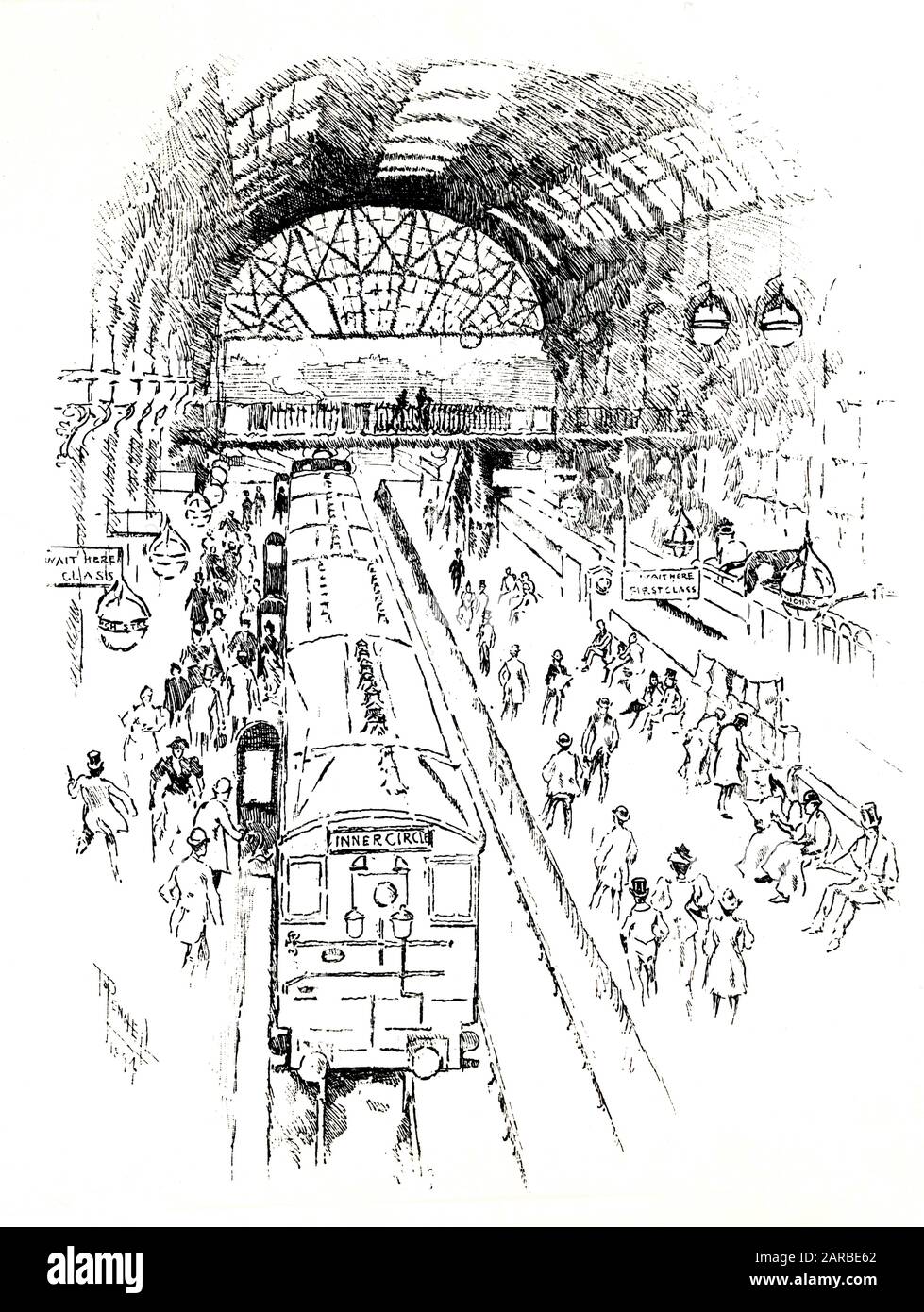 London Underground railway, aerial view of platforms, passengers and ...