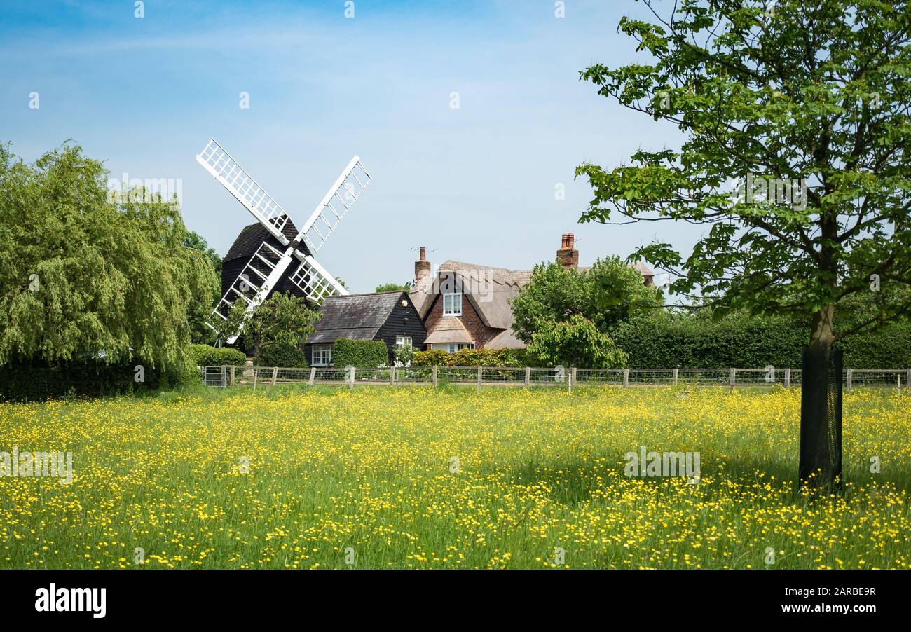 A traditional old English windmill and farm house cottage nestling in ...