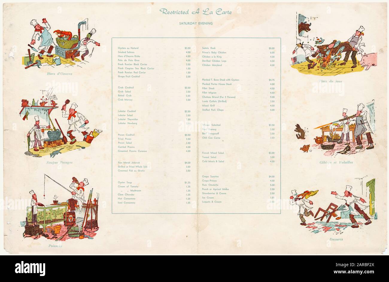 Middle pages, menu card, Princes Restaurant, Singapore, showing a chef ...