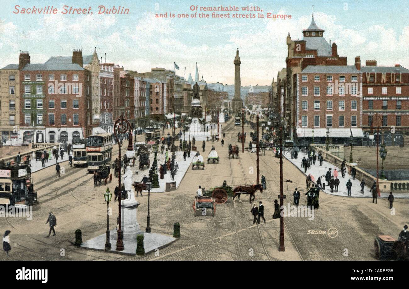 Aerial view of Sackville Street, Dublin, Ireland, with pedestrians and ...