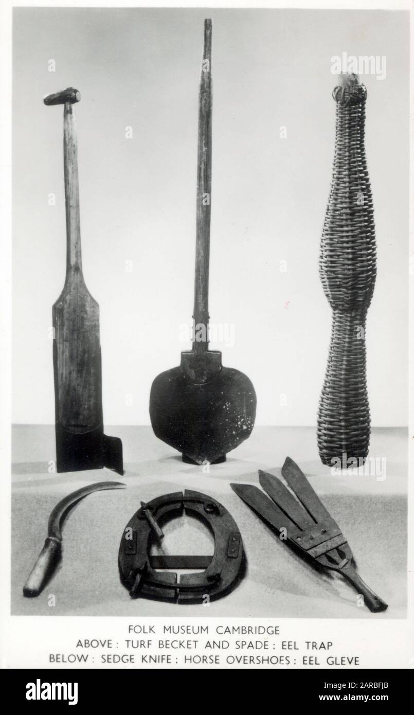 Items from the Folk Museum, Cambridge: Clockwise from top left, a Turf ...
