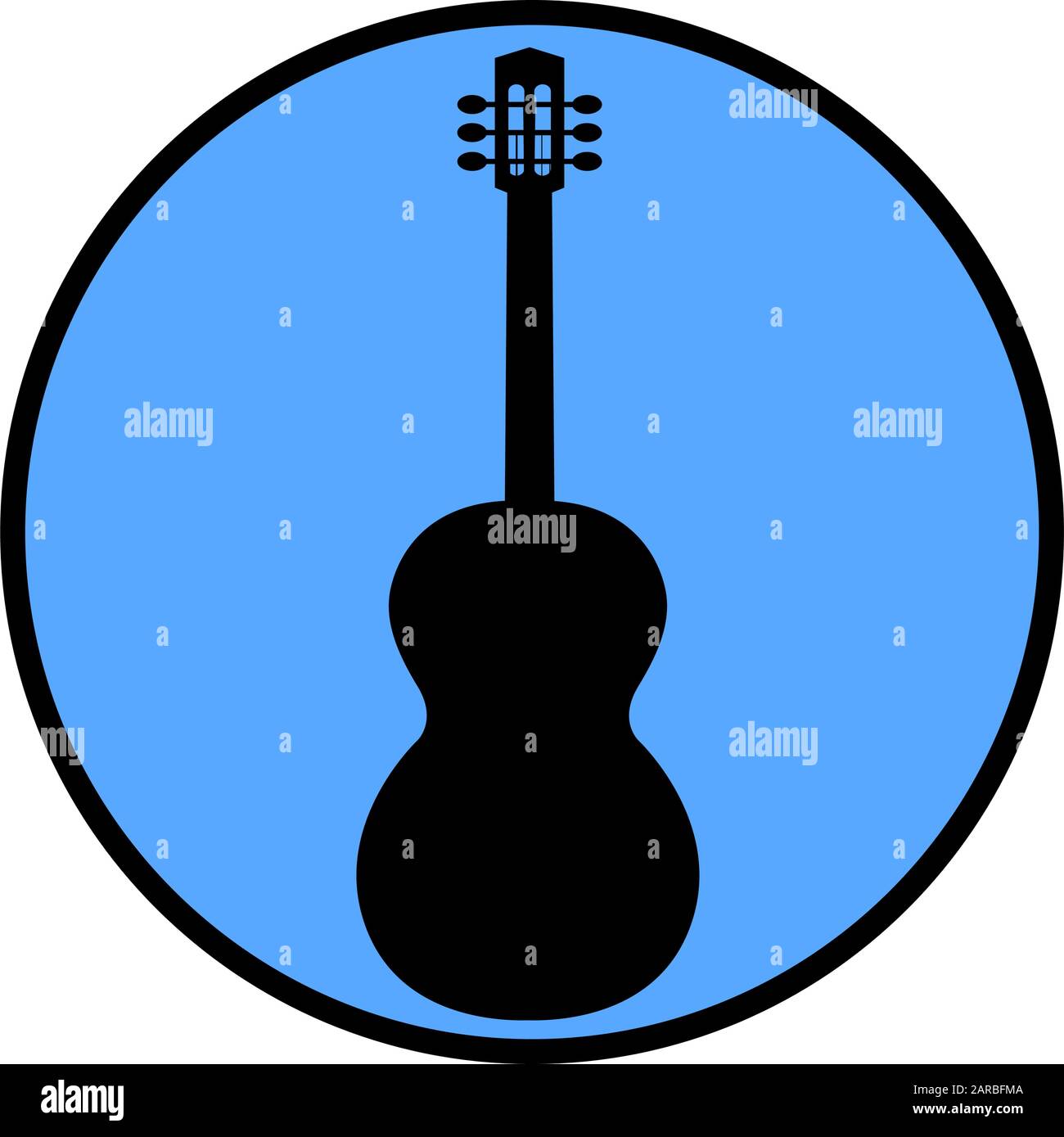 Musical round icon with a black silhouette of a guitar. Blue background ...