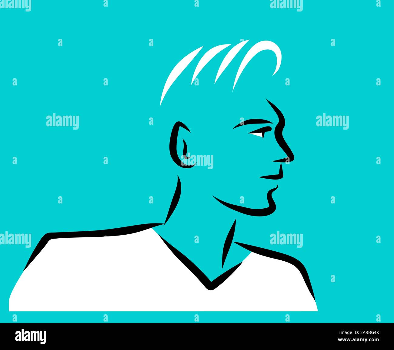 Young modern man in profile. Drawn in black and white lines on a blue ...