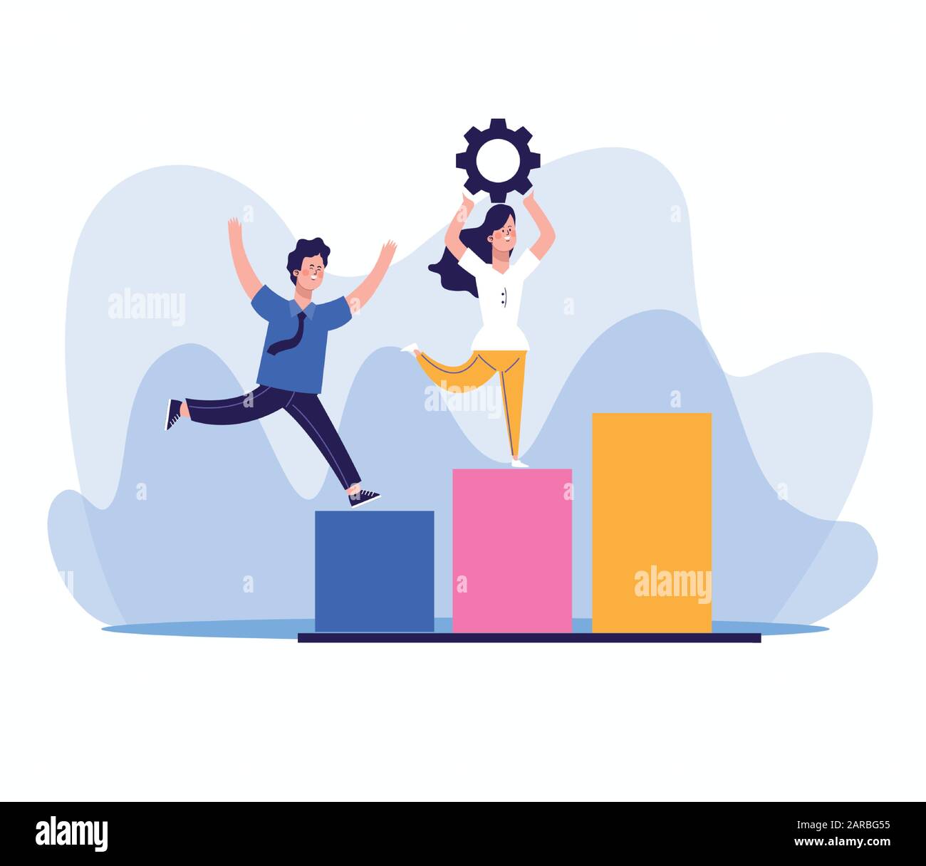 happy man and woman holding a gear on chart bar graph, colorful design ...