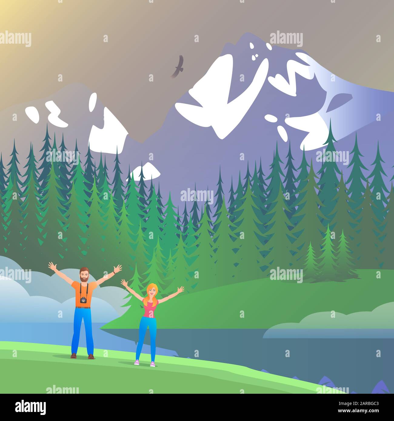 A young man and a girl posing against the backdrop of a beautiful ...