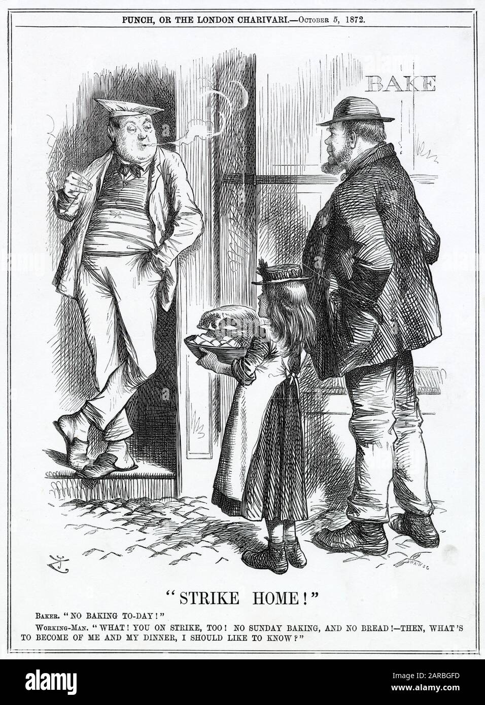 Cartoon, Strike Home! A working man who is on strike is dismayed to ...