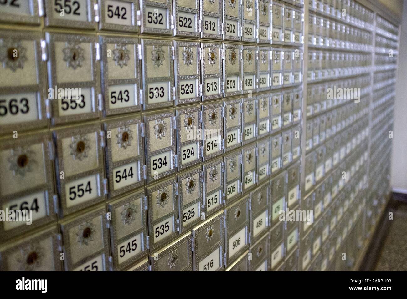 Long rows of vintage post boxes for delivery and distribution of mail ...