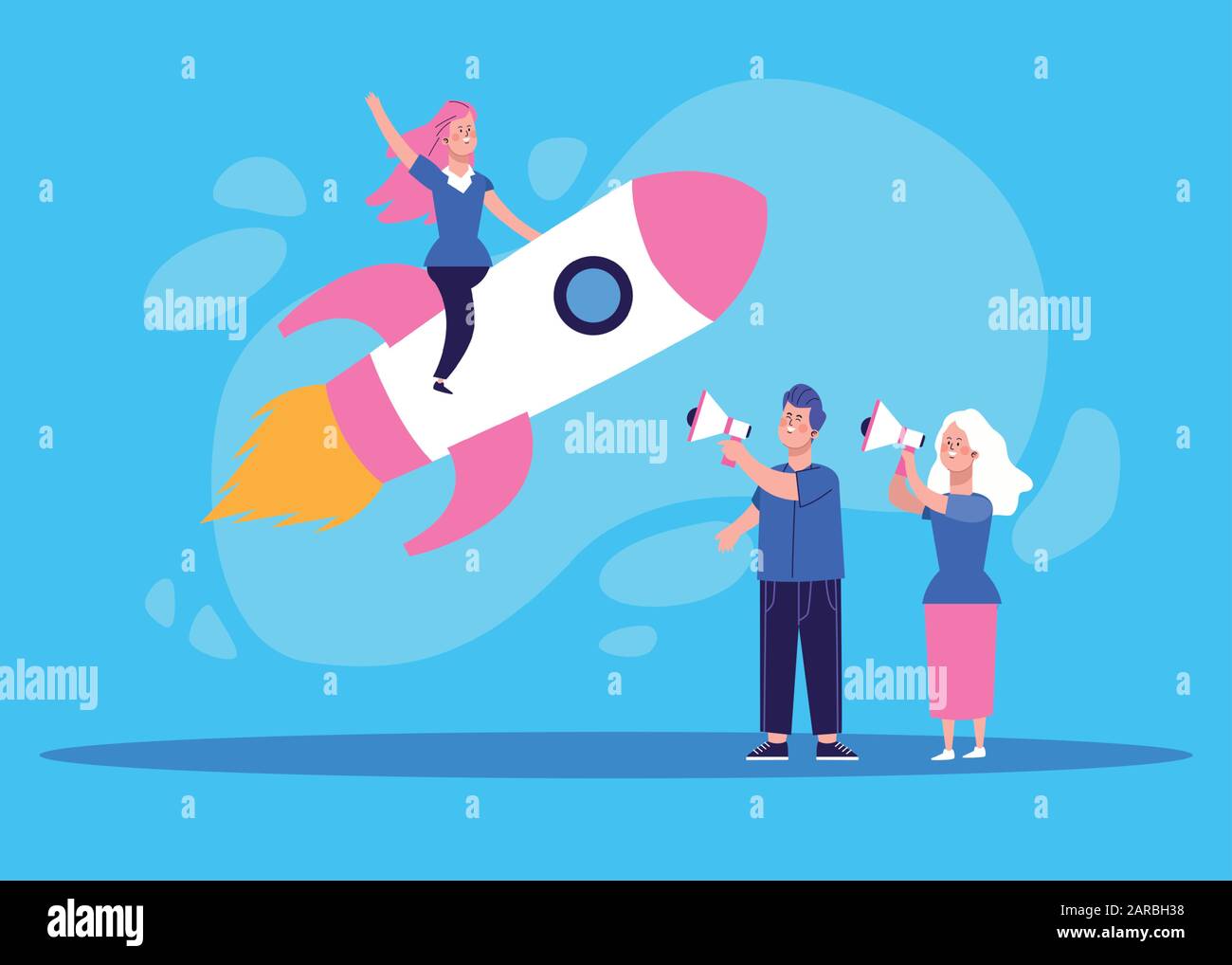 cartoon woman on rocket and people using megaphone Stock Vector Image ...
