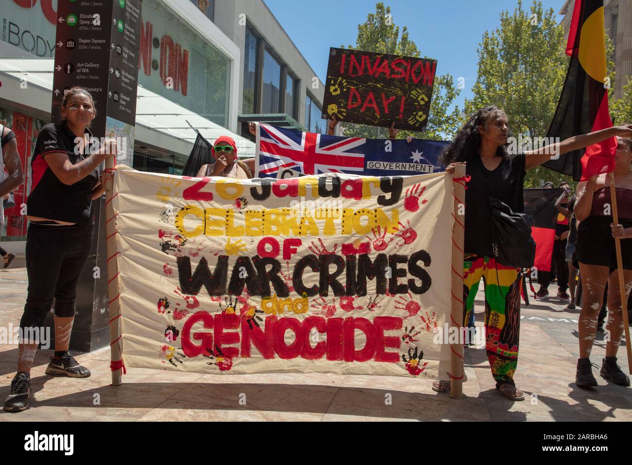 Perth, Australia. 26th January 2020. Invasion Day protests on stage and ...