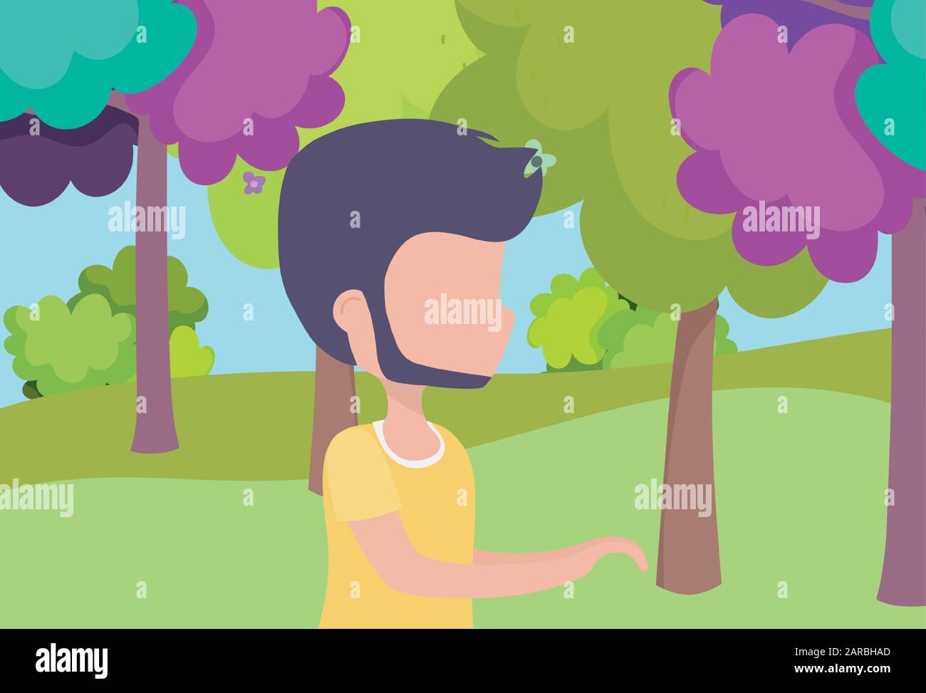 beard young man forest trees grass foliage cartoon vector illustration ...