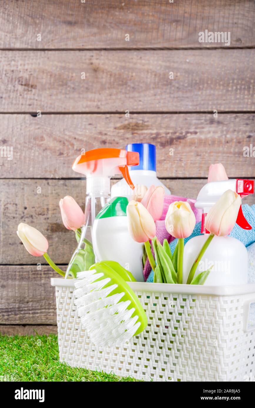 Spring home cleaning and housekeeping concept, Basket with cleaning ...