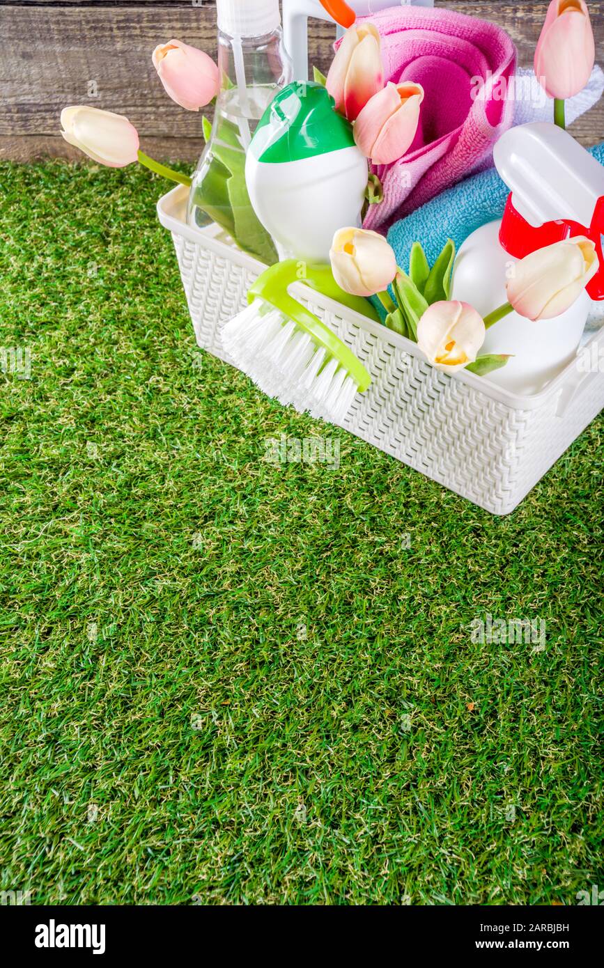 Spring home cleaning and housekeeping concept, Basket with cleaning ...