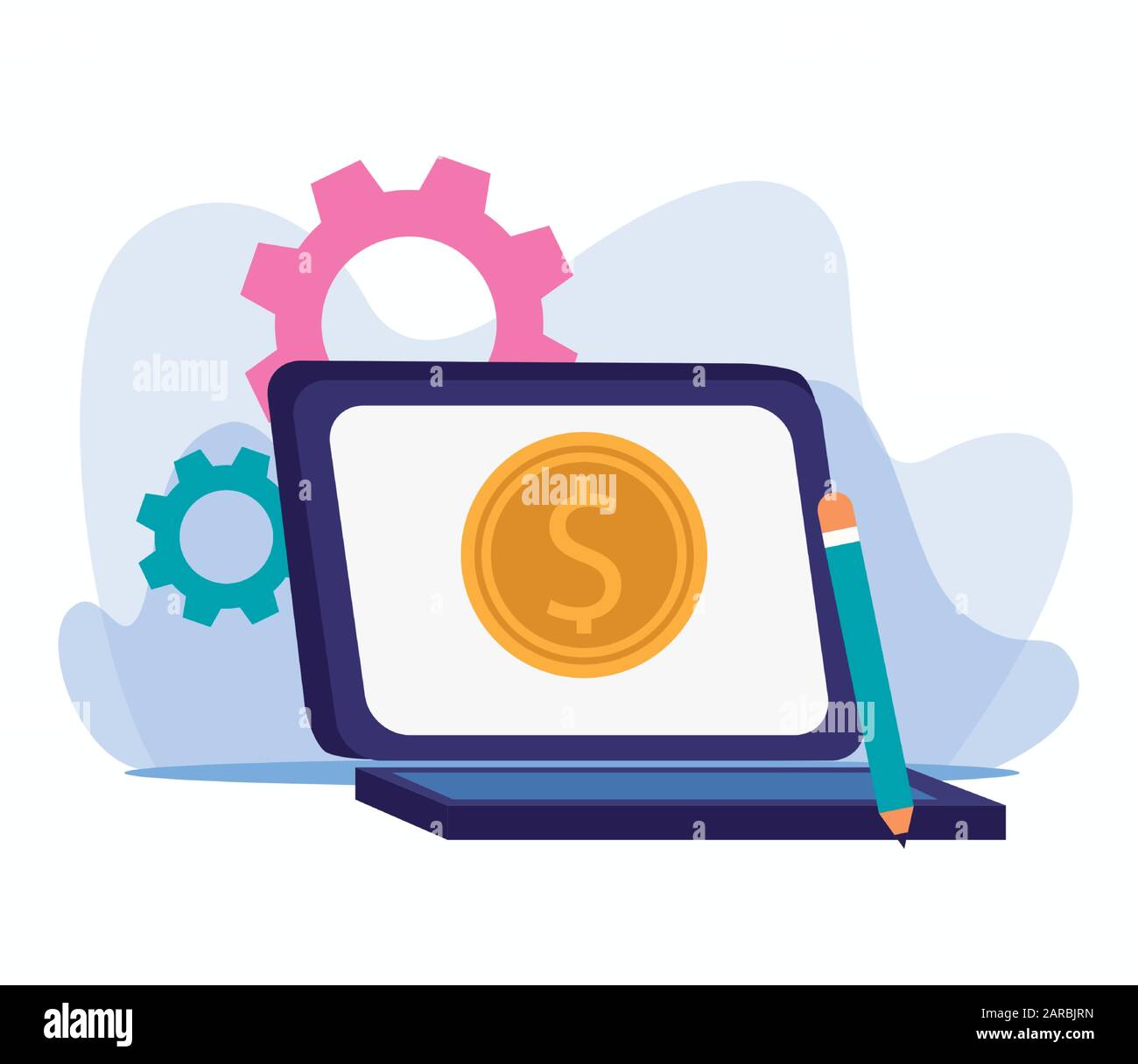 gear wheels and laptop computer with money coin icon on screen Stock ...