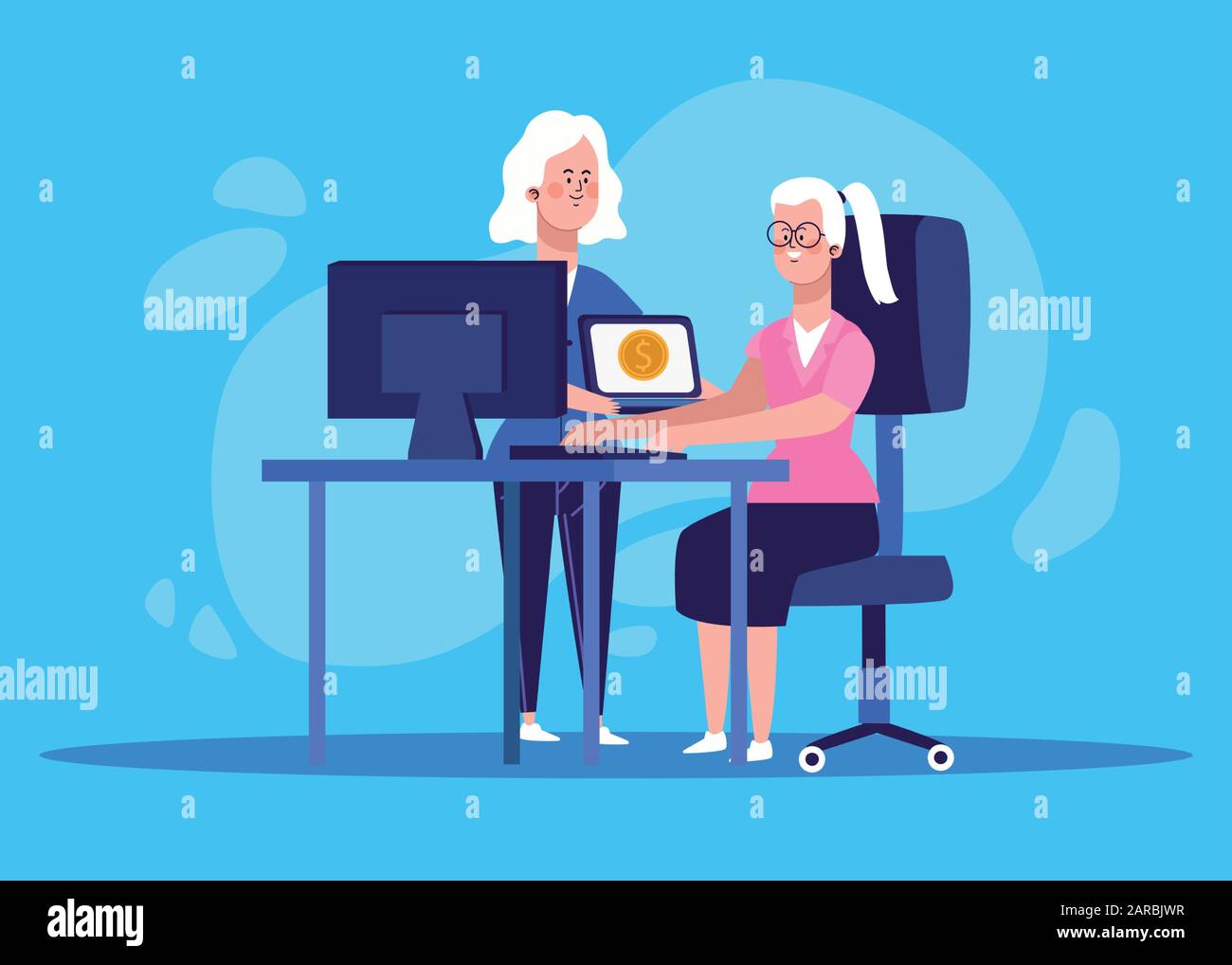 cartoon woman and woman working at office desk with computer Stock ...