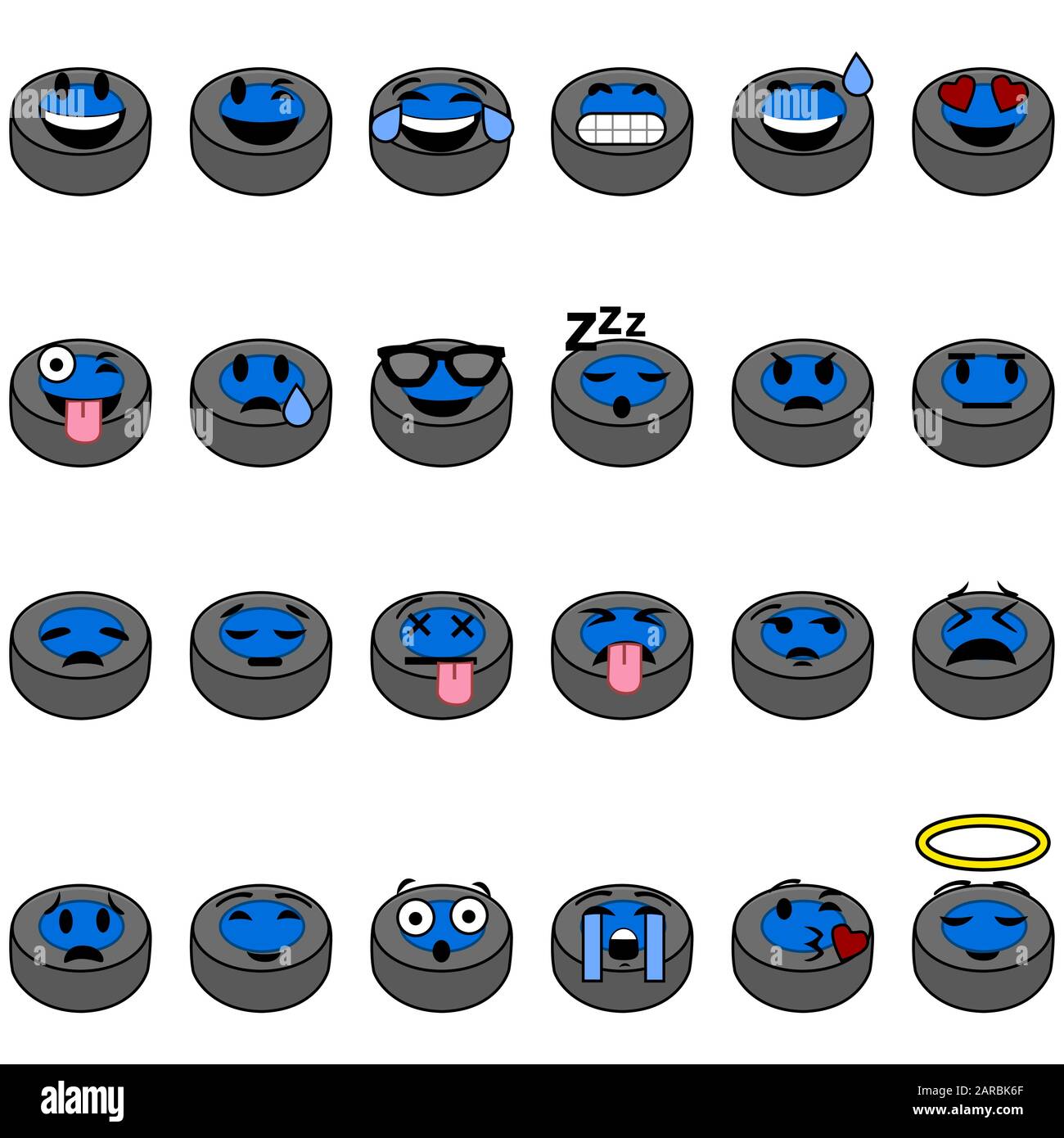Collection of cartoon hockey pucks with faces showing different ...