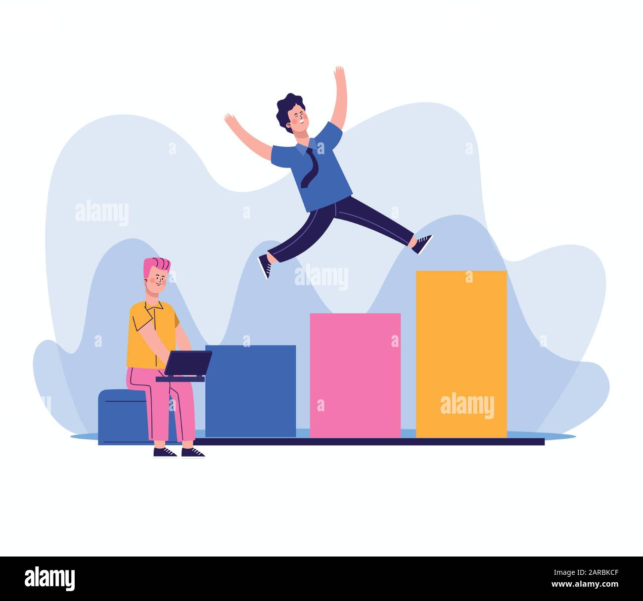 happy man and man using a laptop on chart bar graph Stock Vector Image ...