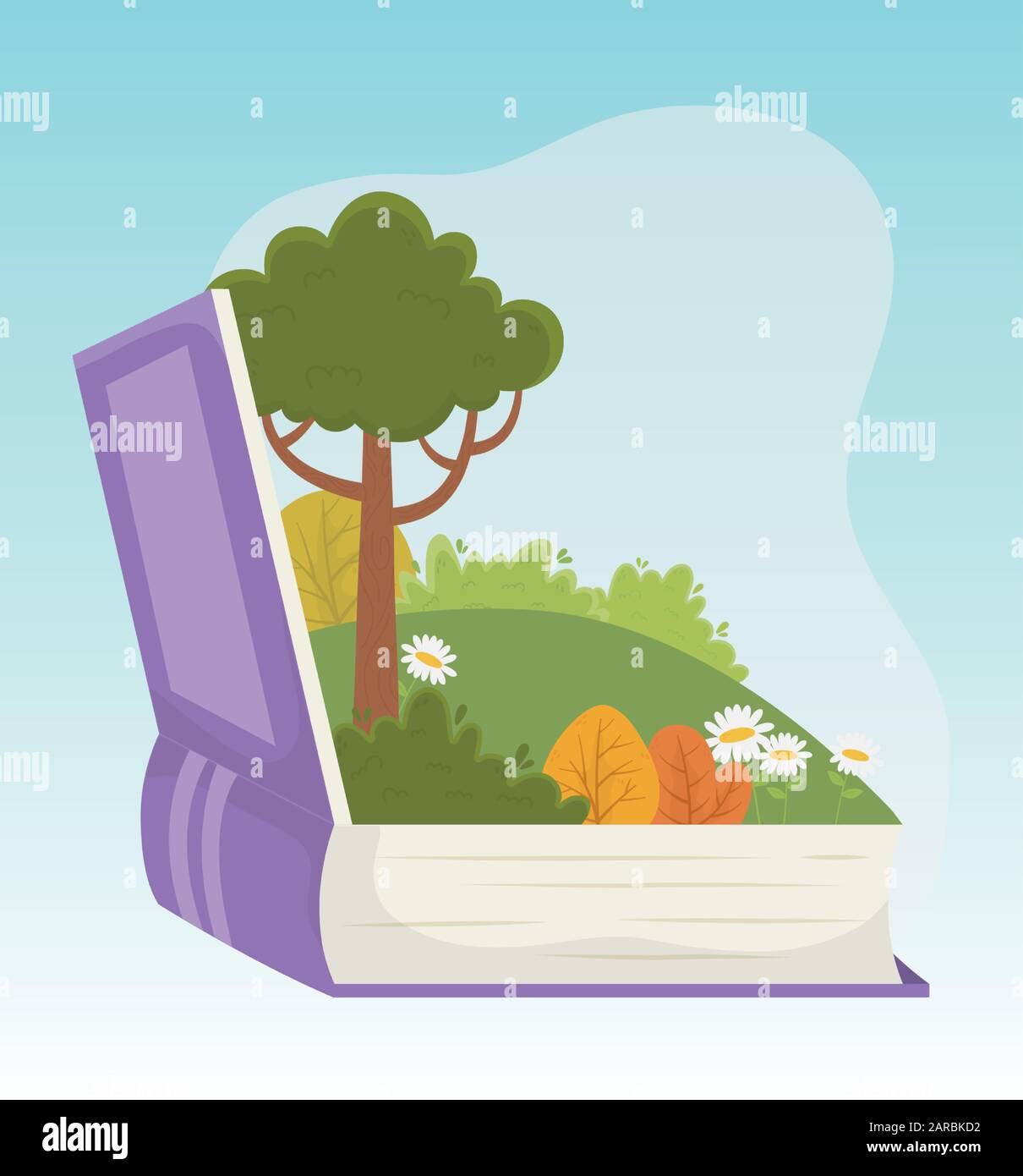 childrens tale book landscape tree flowers grass foliage vector ...