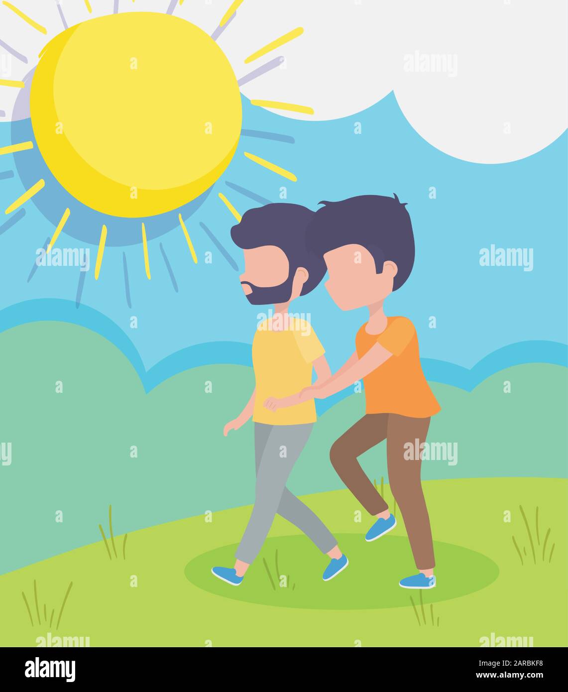 young men walking in the grass sun clouds outdoor vector illustration ...