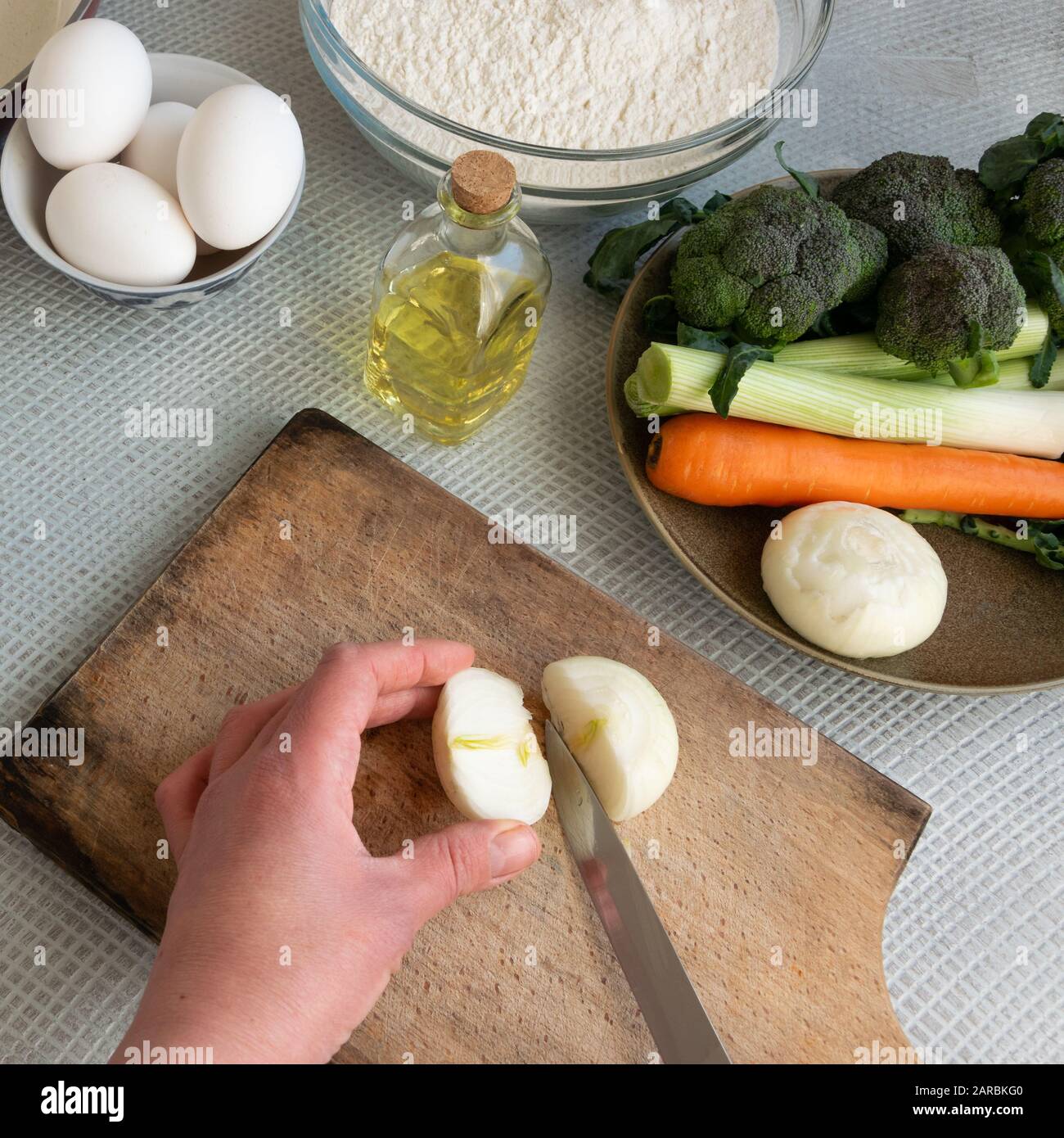 Top view of woman hands cooking with healthy food ingredient. Balanced ...