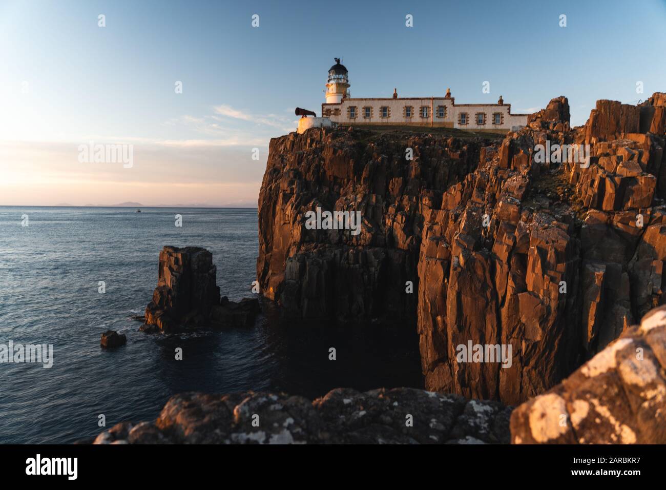 Neist point lighthouse during sunset in spring April 2019 Stock Photo ...