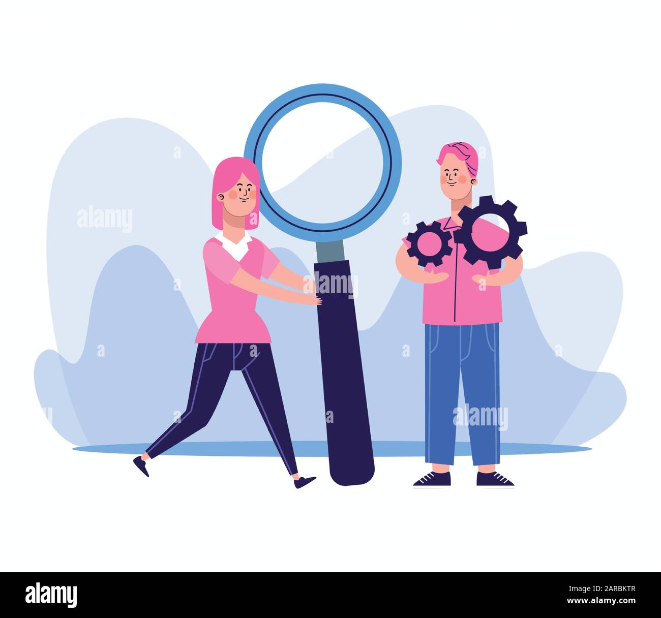 happy woman holding a big lupe and man with gear wheels Stock Vector ...