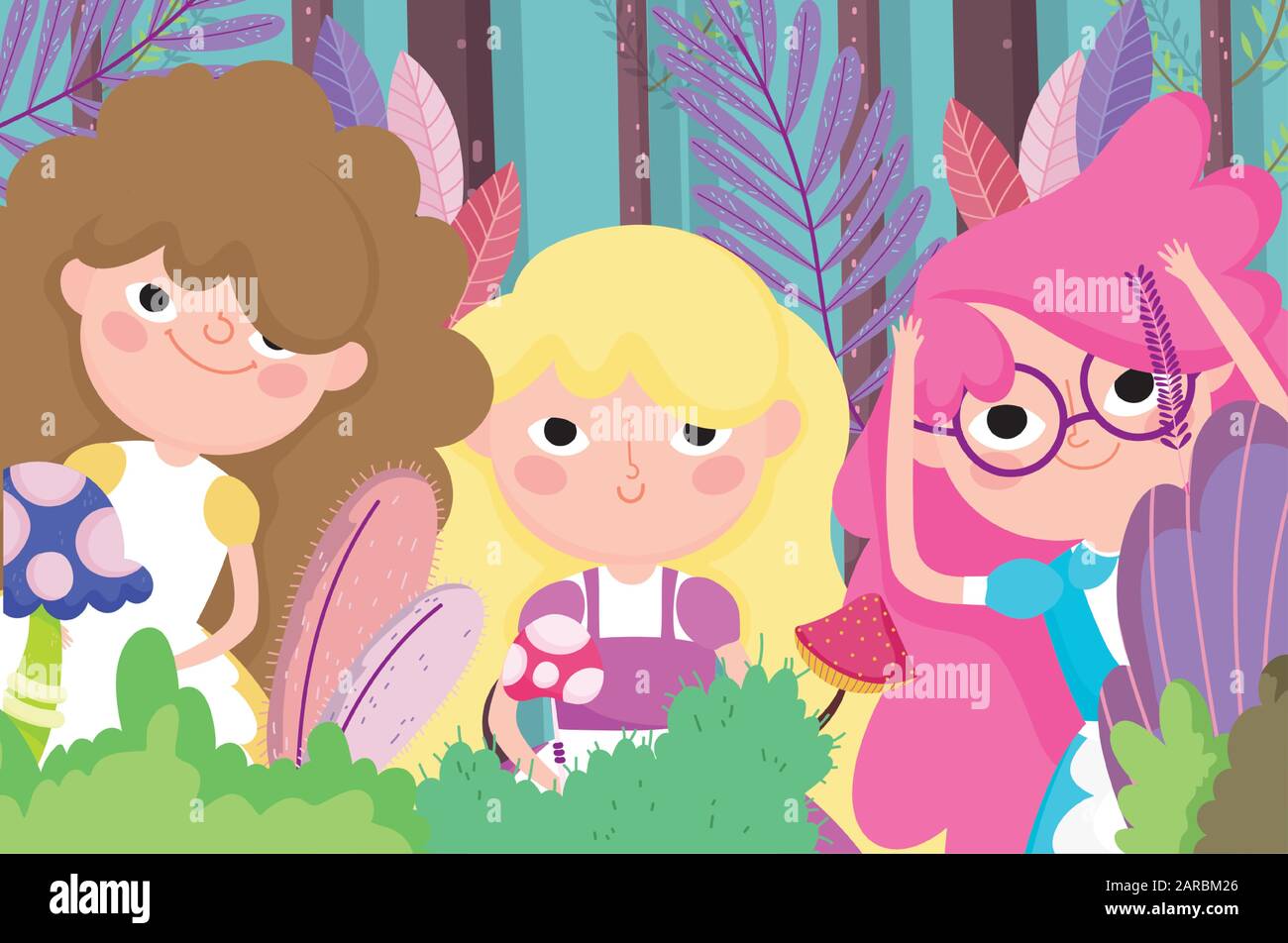 cute little girls forest foliage nature children character vector ...