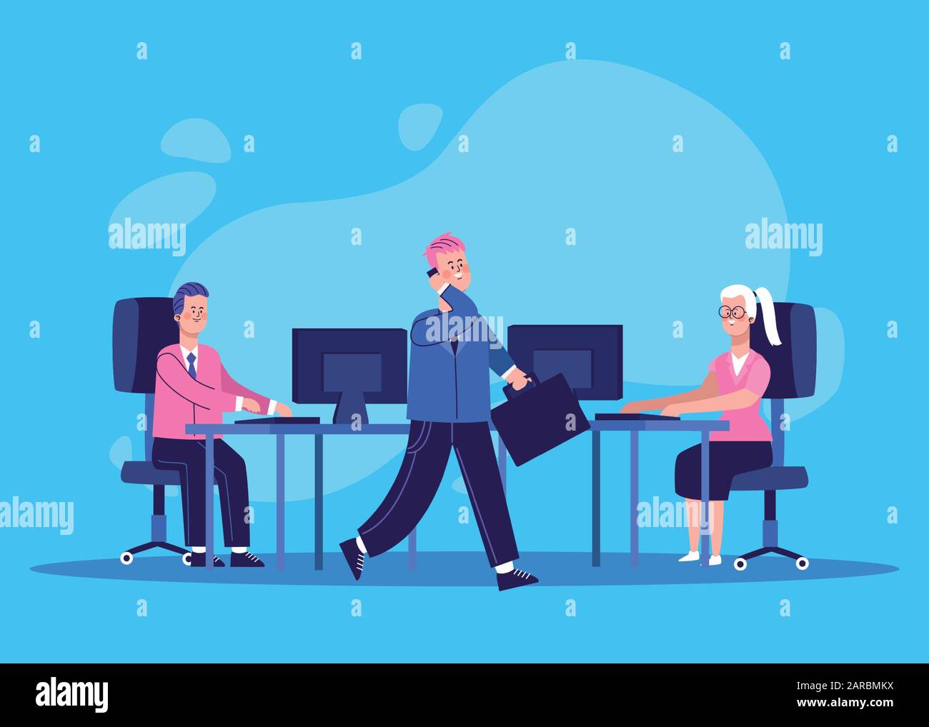 cartoon businesspeople at office desk with computers, colorful design ...