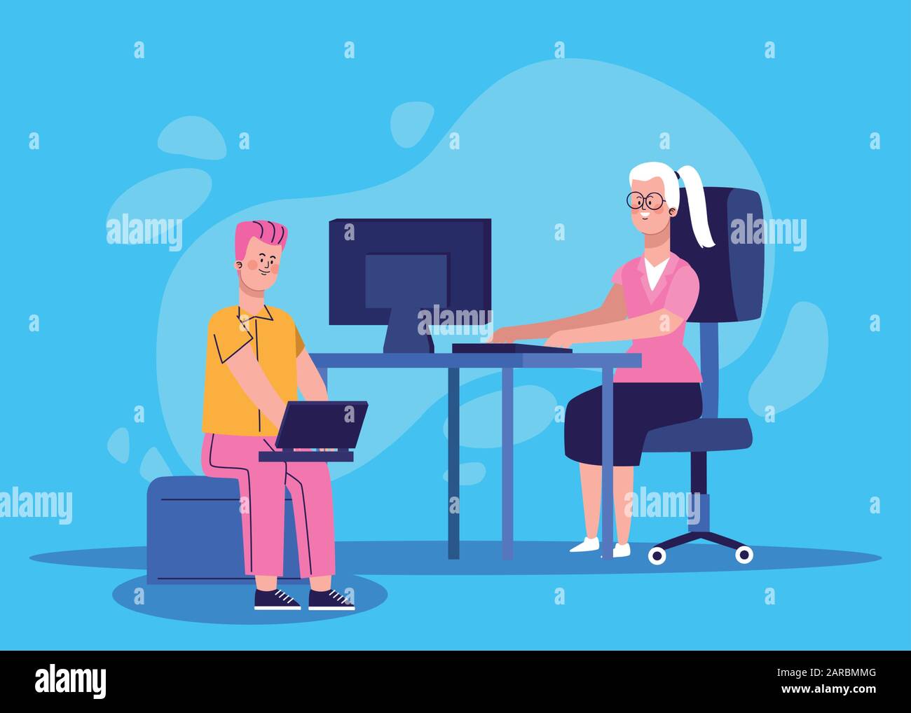 cartoon man using a laptop computer and woman on office desk with ...