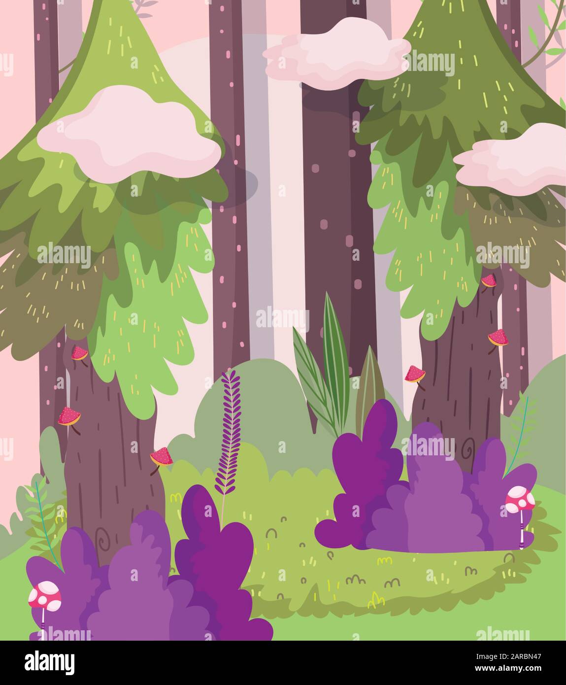 trees bushes mushrooms clouds landscape nature foliage theme vector ...