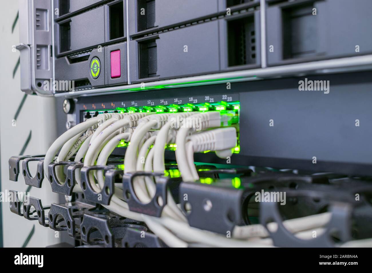 Connecting the Internet wires with computer equipment. Cabling in the ...