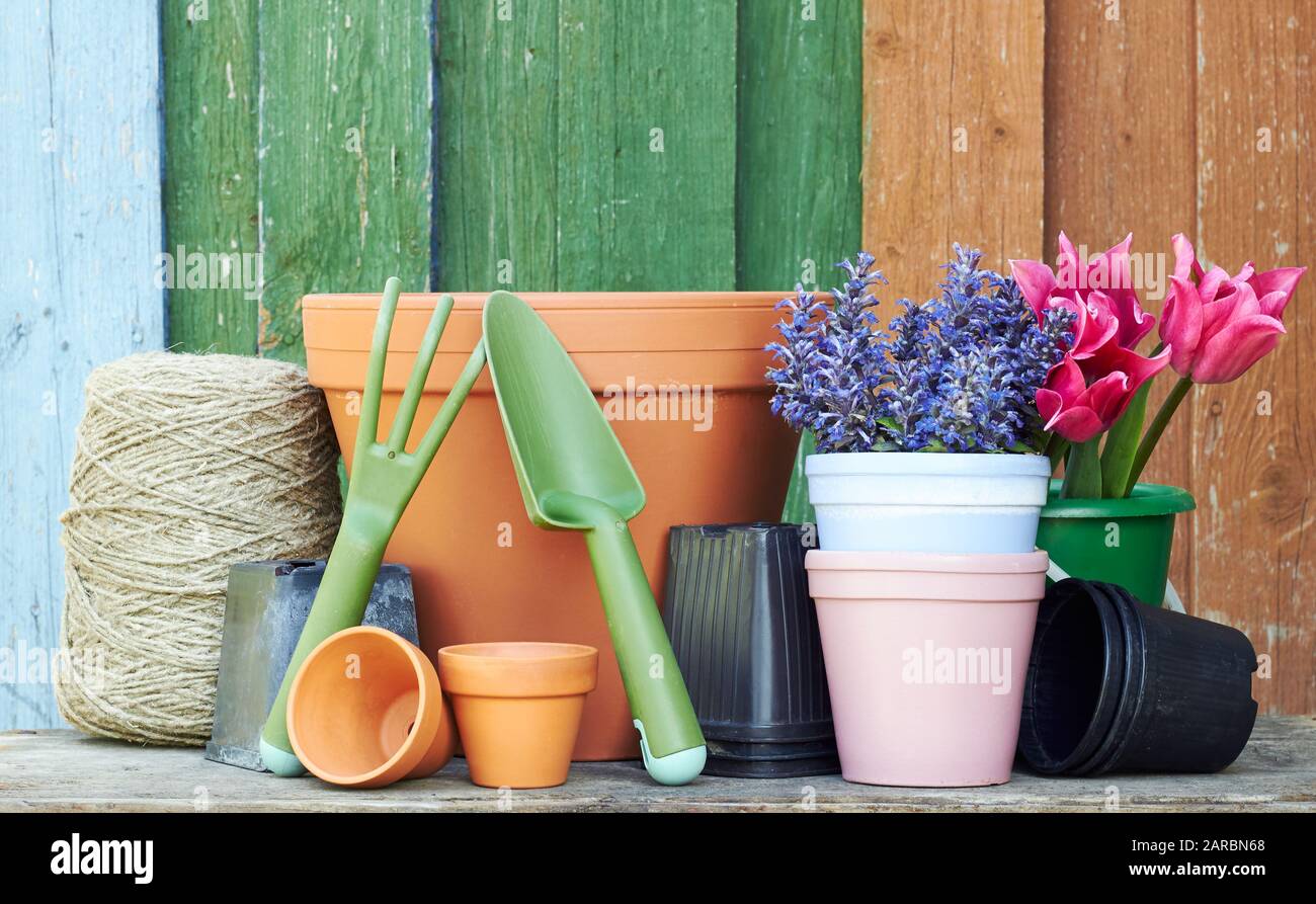 Terracotta clay flower pots with black plastic containers and garden ...