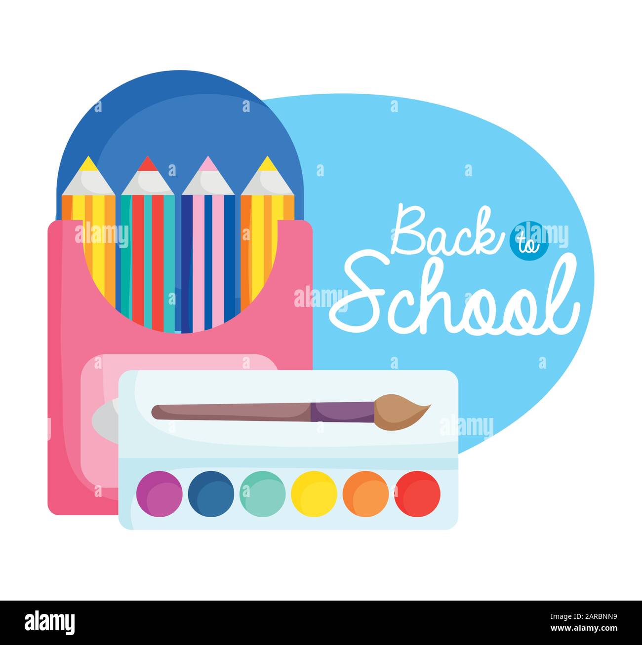 back to school education colored pencils in box and palette color brush ...