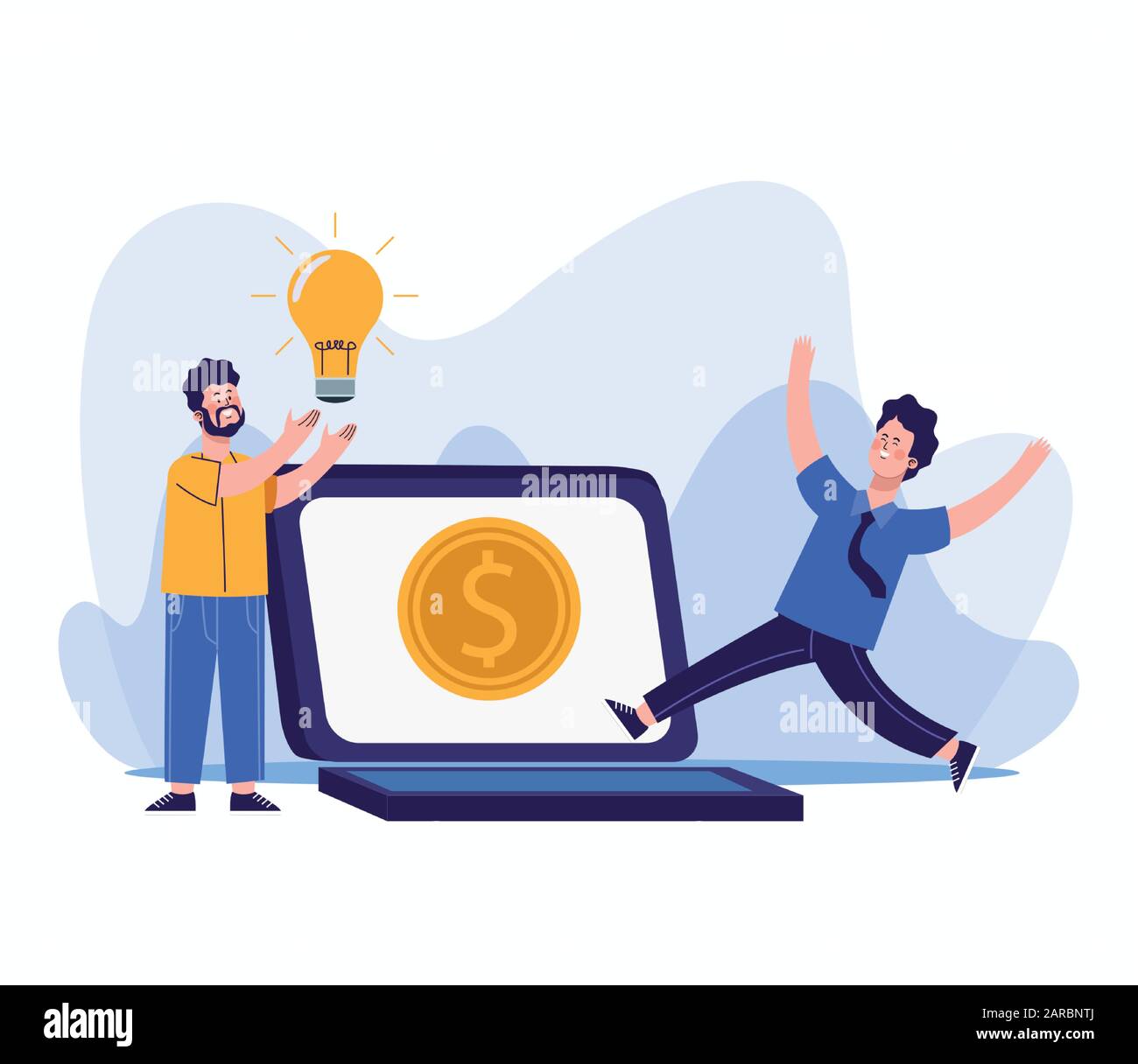 cartoon men with bulb light and laptop computer with money coin Stock ...