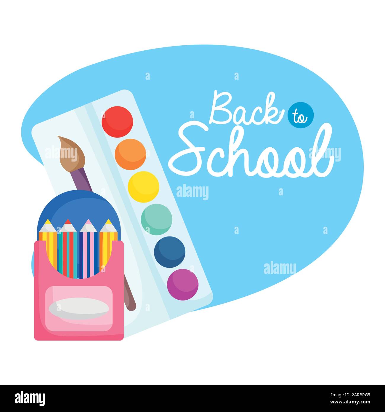 back to school education colored pencils in box and palette color brush ...