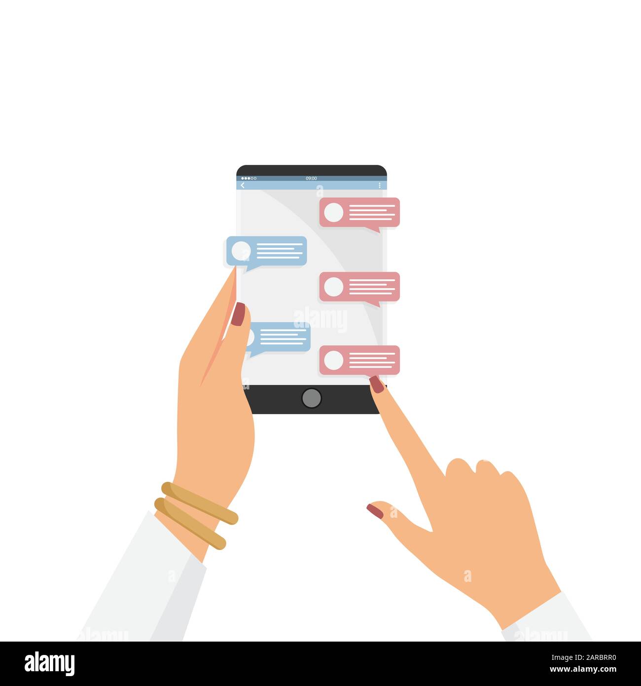 Smartphone with chat app in woman hands. Business woman holds ...