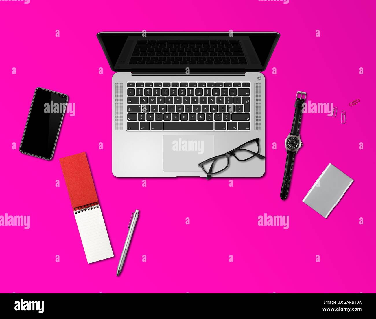 Modern office desk mockup top view isolated on magenta pink Stock Photo ...