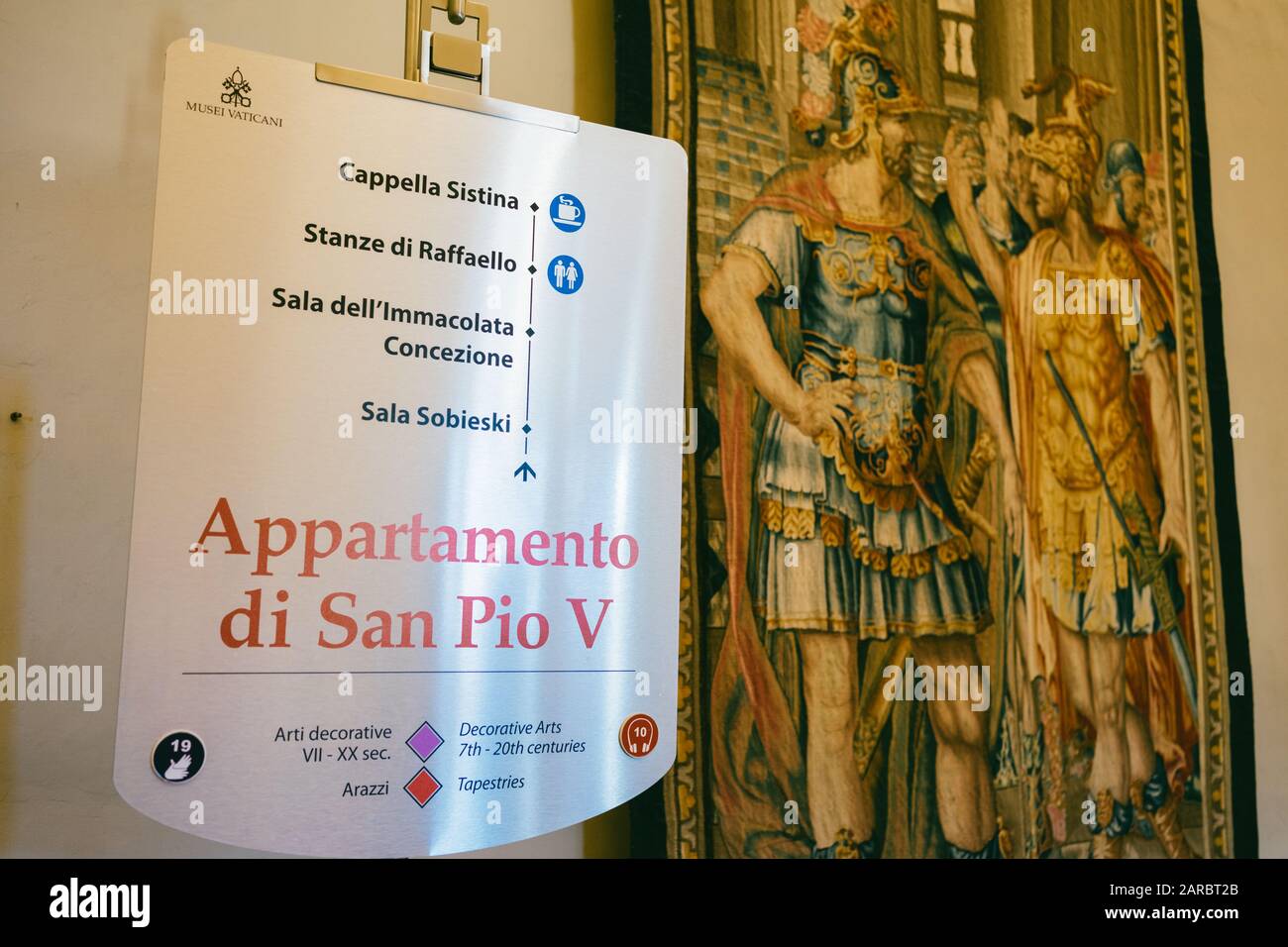 Rome, Italy - Jan 3, 2020: Sistine Chapel direction sign and art at the ...