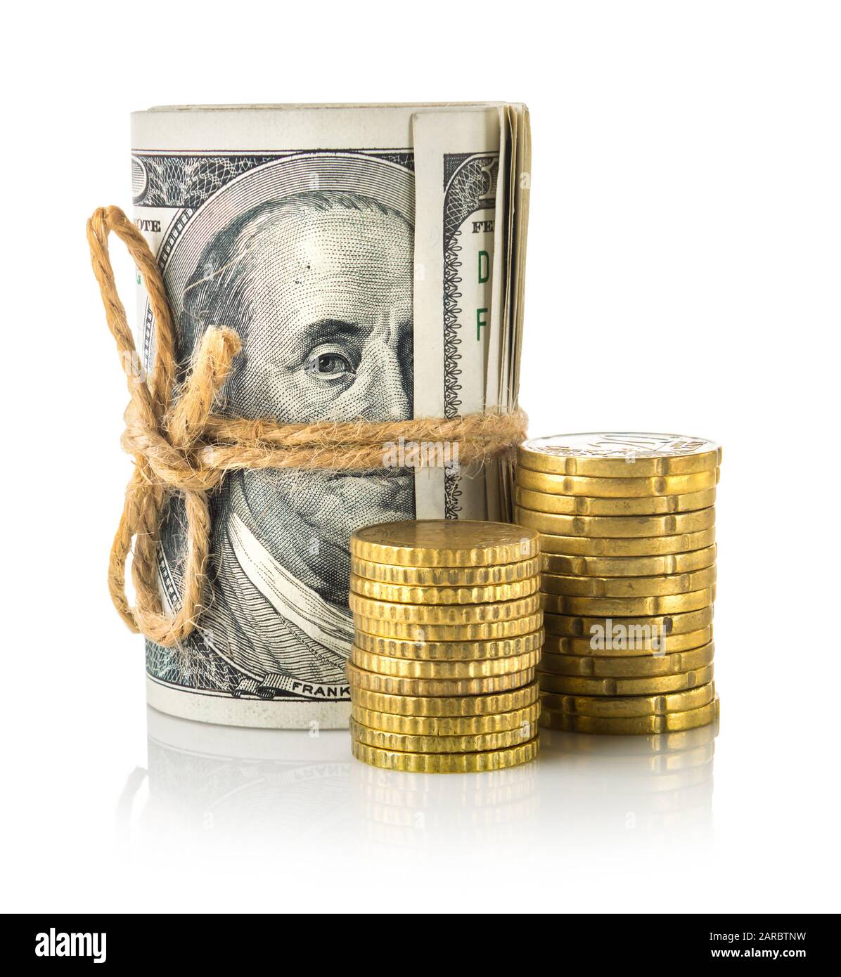 American banknotes and coins isolated on a white background Stock Photo ...