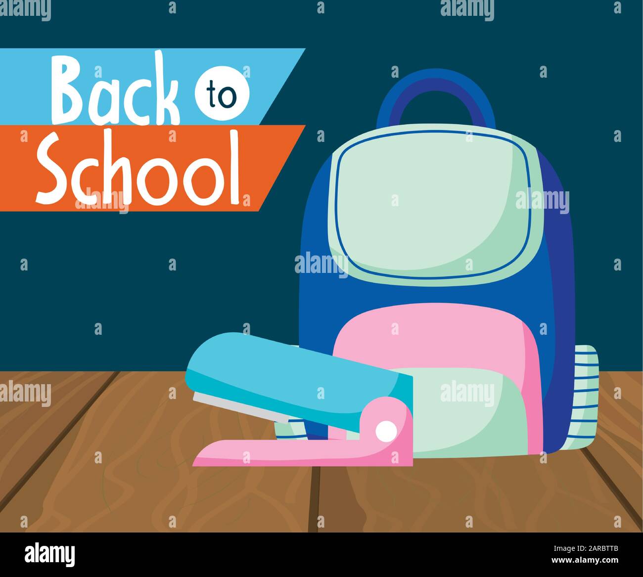 back to school education stapler and backpackon wooden table vector ...
