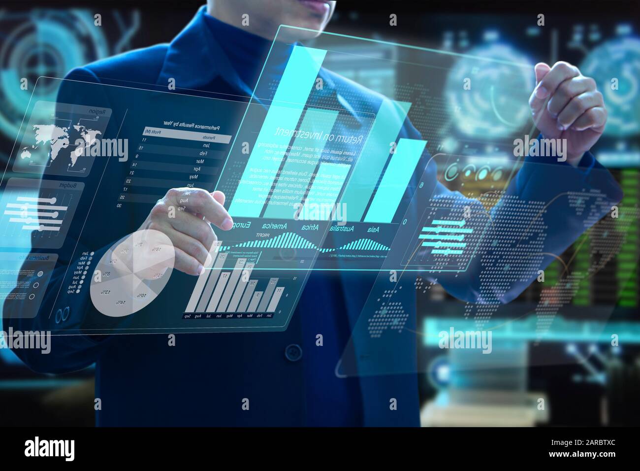 Businessman holding futuristic virtual modern computer augmented ...