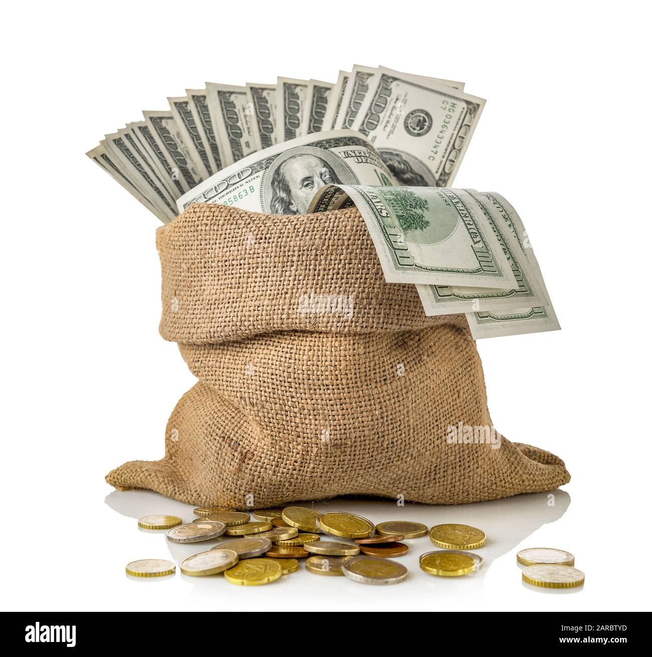 Sack of dollars and coins isolated on a white background Stock Photo ...