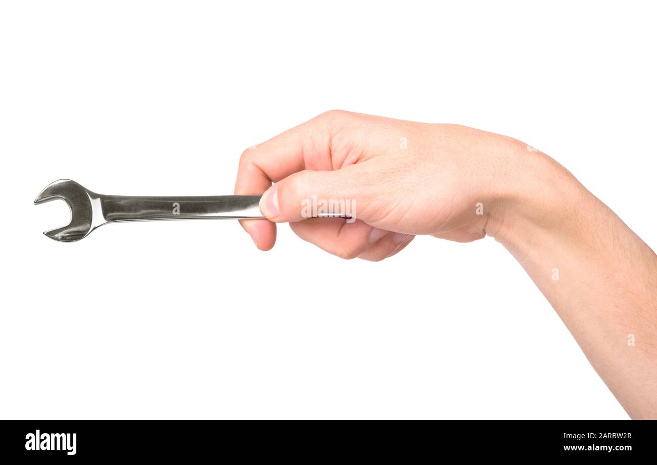 Metal wrench in male hand isolated on white Stock Photo - Alamy