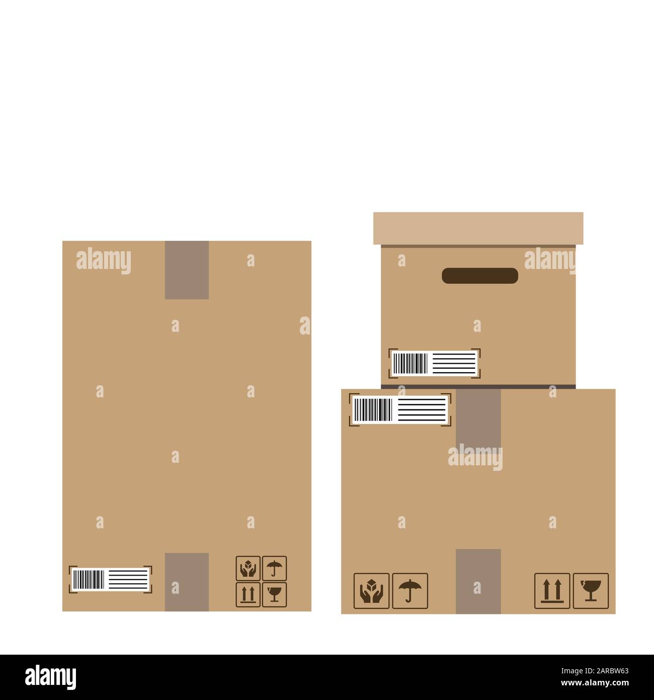 Cargo. Carton boxes with fragile signs and note tape. Moving. Vector ...