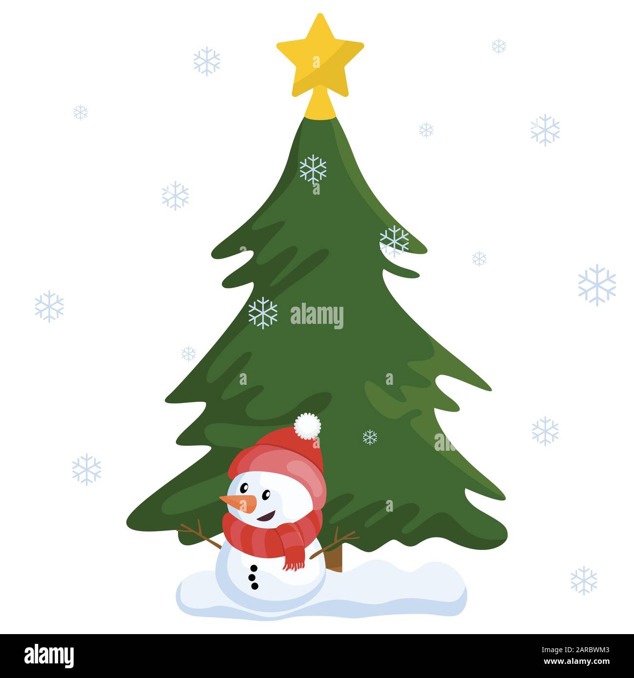 Cute little snowmaan and Christmas tree. cartoon vector illustration ...