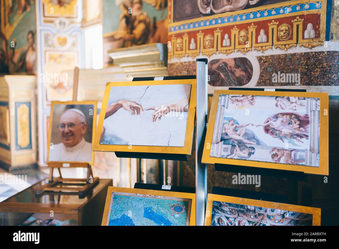 Rome, Italy - Jan 3, 2020: Souvenirs showing the Pope Francis are sold ...